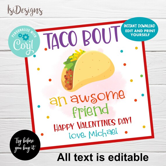 Valentine Gift Tags, Taco bout Awesome Friend Tags, PTO PTA School ...
