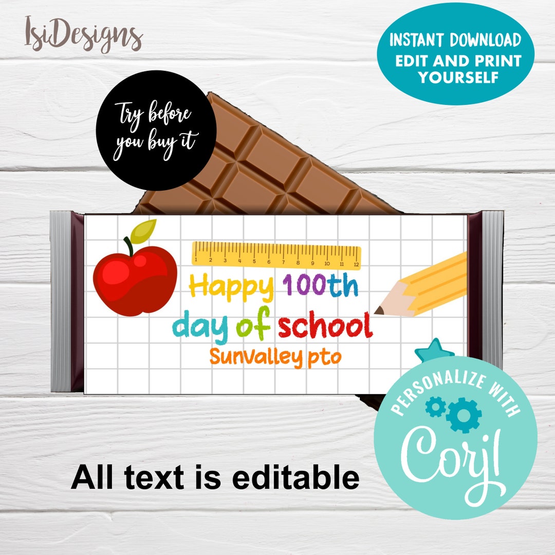 Happy 100th Day of School Chocolate Bar Wrapper, Editable Candy Wrapper ...