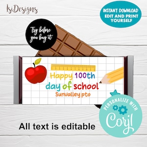Happy 100th Day of School Chocolate Bar Wrapper, Editable Candy Wrapper ...