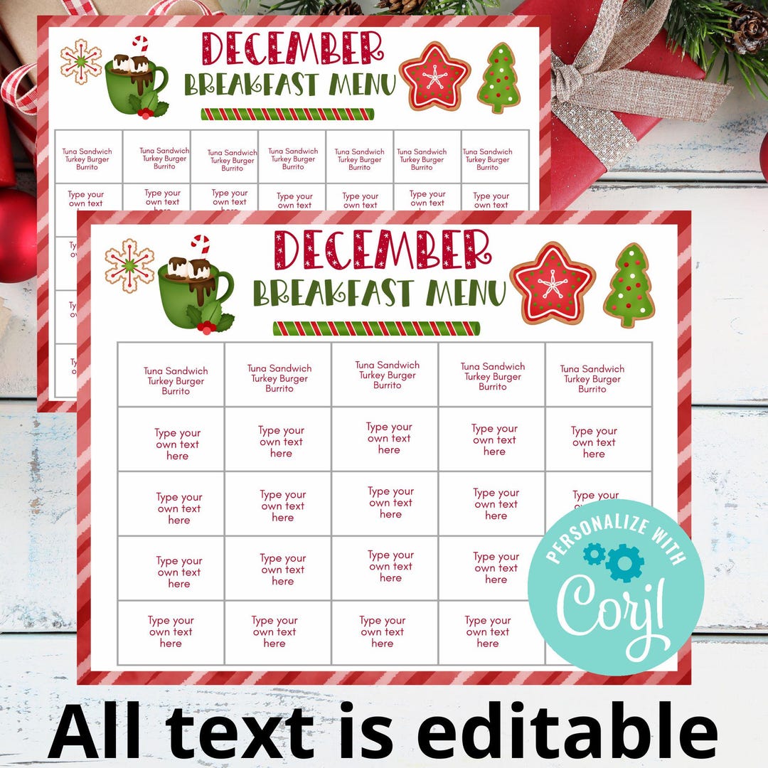 Editable Kids Christmas Lunch Planner | Monthly School and Family Menu ...
