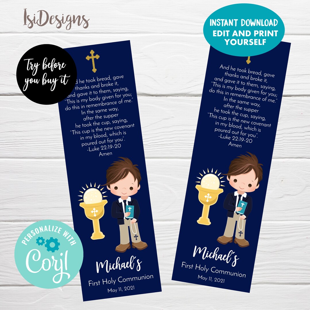 Editable First Holy Communion Bookmark, Instant Download, Boy Communion ...