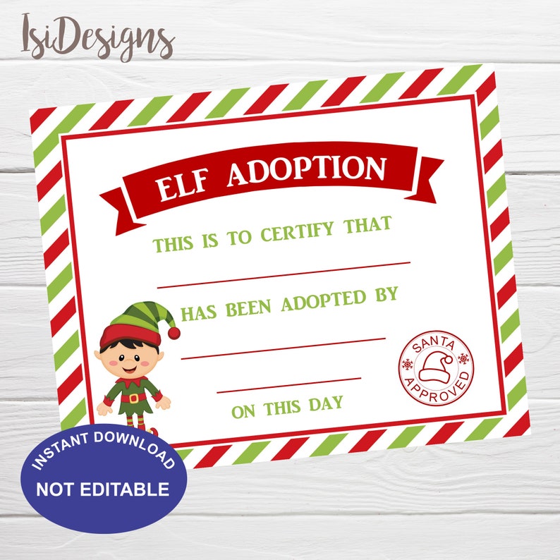 Elf Adoption Certificate Christmas Printable Instant - Etsy