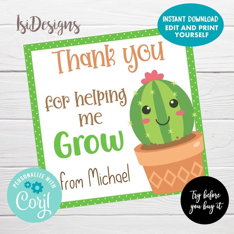 Teacher Appreciation Gift Tag Thank You for Helping Me Grow - Etsy