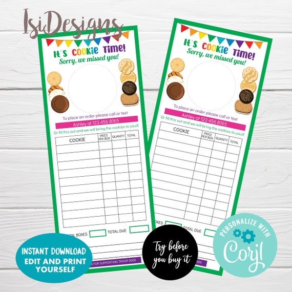 EDITABLE Cookie Door Hanger, Girl Scout Cookie Order form, Instant ...