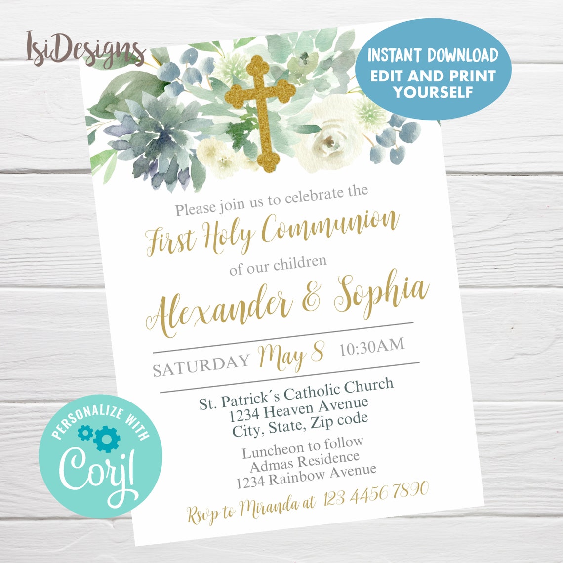First Holy Communion Invitation Editable Greenery Siblings | Etsy
