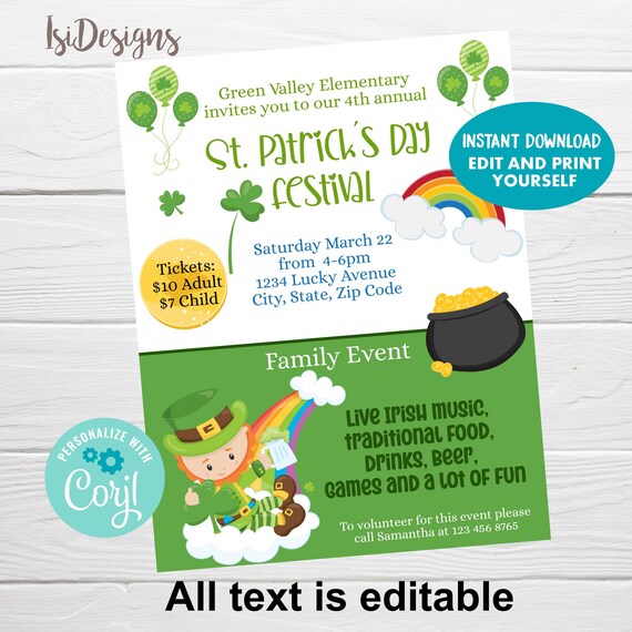 Editable St. Patrick's Day Festival Flyer, Instant Download, School PTO ...