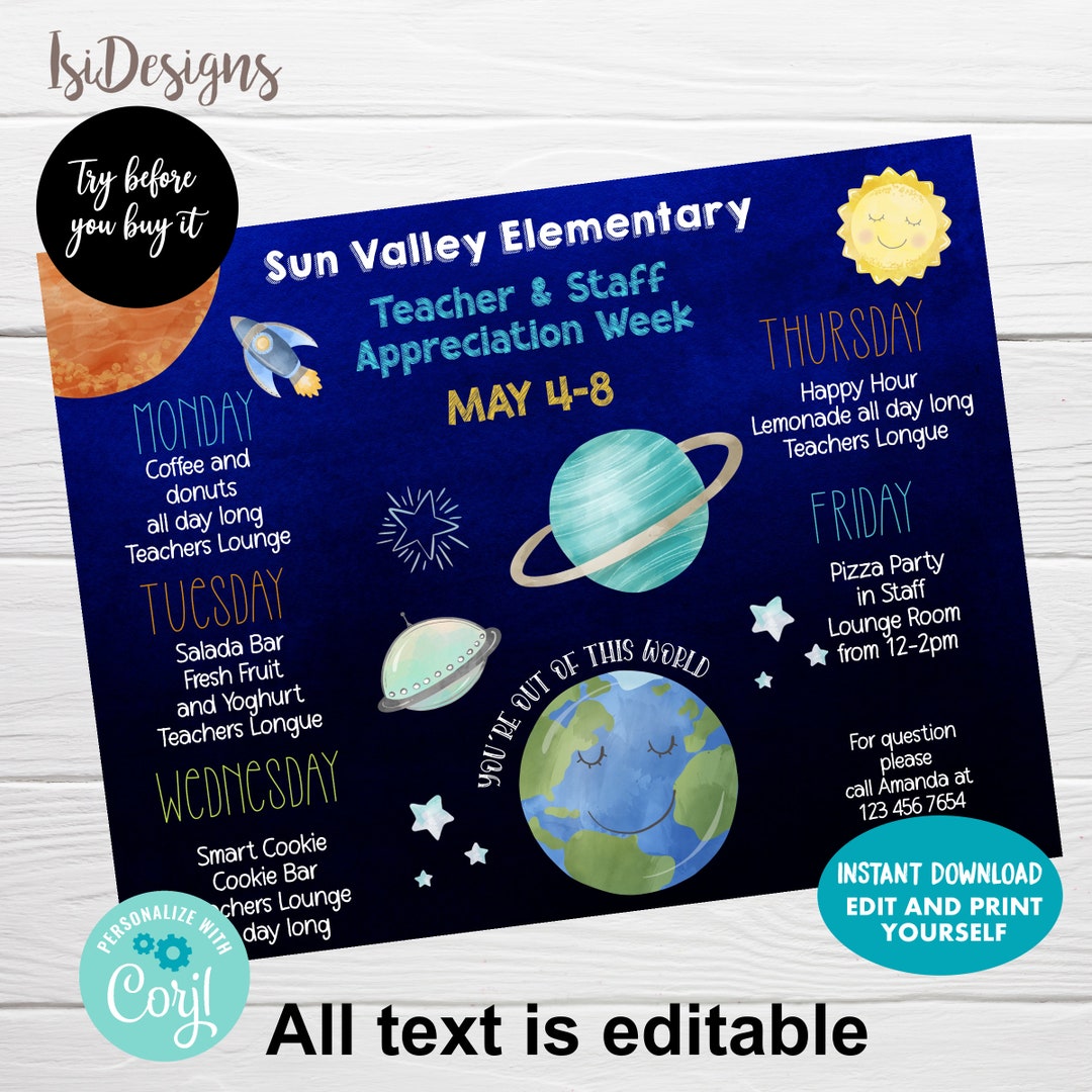 Teacher & Staff Appreciation Week, Editable Itinerary Schedule, School ...