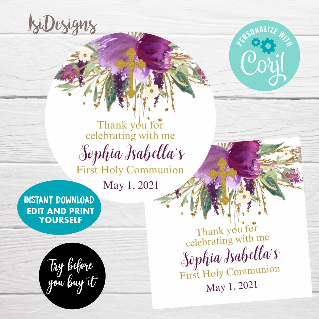 Editable Lavender First Holy Communion Tags - Personalized Favor Labels ...
