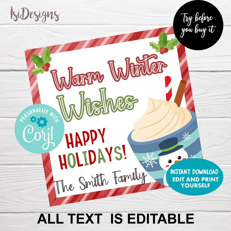 Editable Warm Wishes Gift Tag, Christmas Hot Cocoa Tag , Instant ...