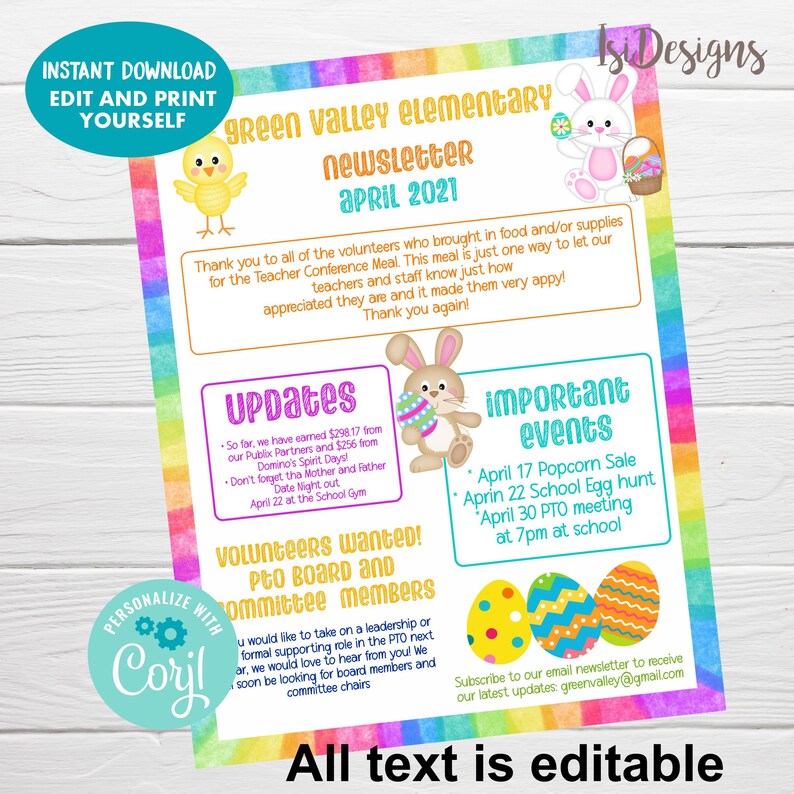 Editable School Newsletter April Newsletter Easter Classroom - Etsy