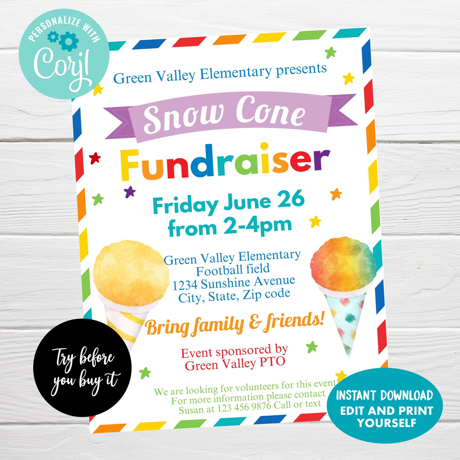 Snow Cone Event Flyer, Editable PTA PTO Fundraiser Snow Cone Event ...