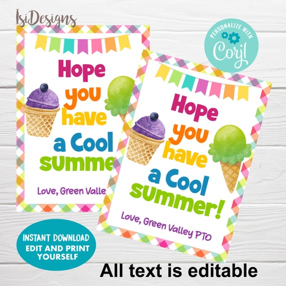 Have a Cool Summer Gift Tag, End of School Year Favor Tag, Editable ...