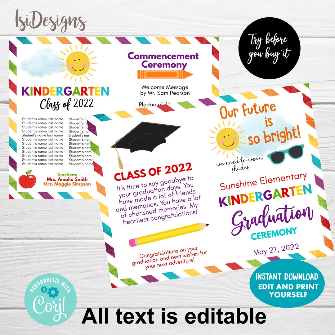 Kindergarten Graduation Editable Program, Preschool Graduation ...