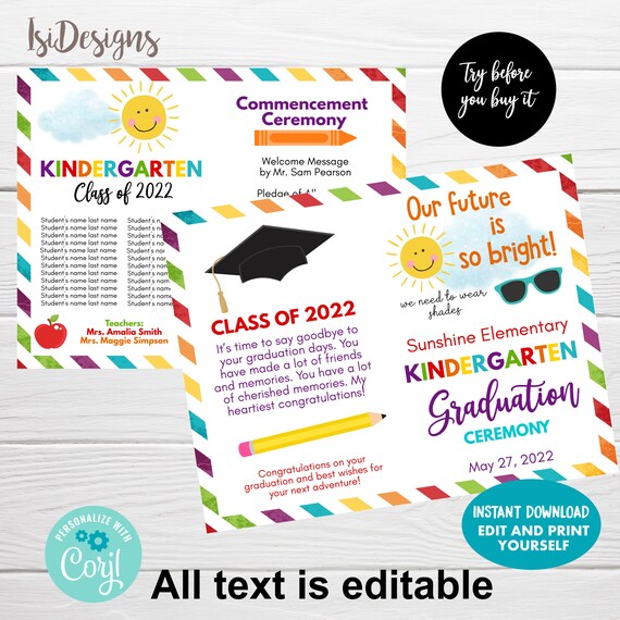 Kindergarten Graduation Editable Program, Preschool Graduation ...