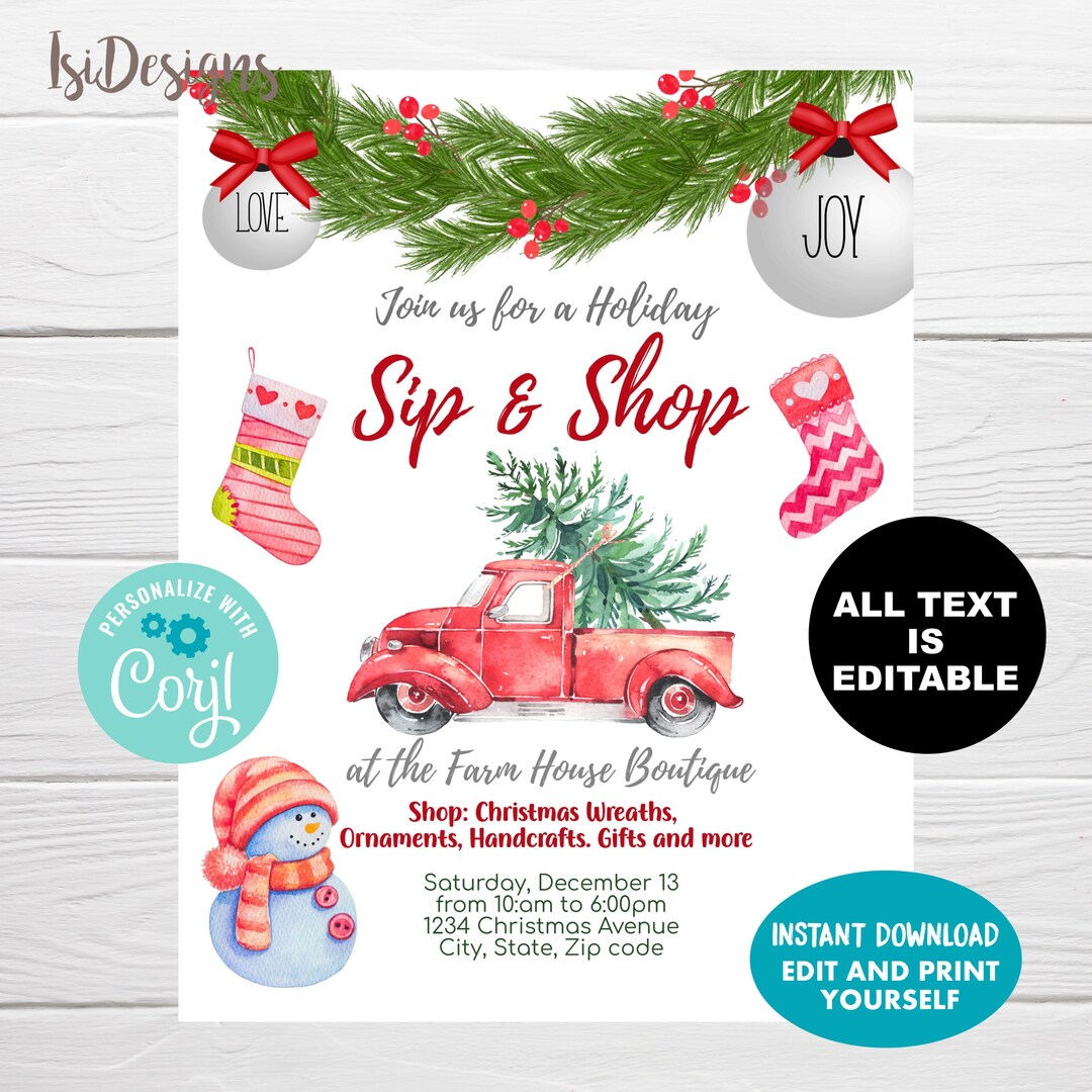 Holiday Sip and Shop Editable Flyer Christmas Business Marketing ...