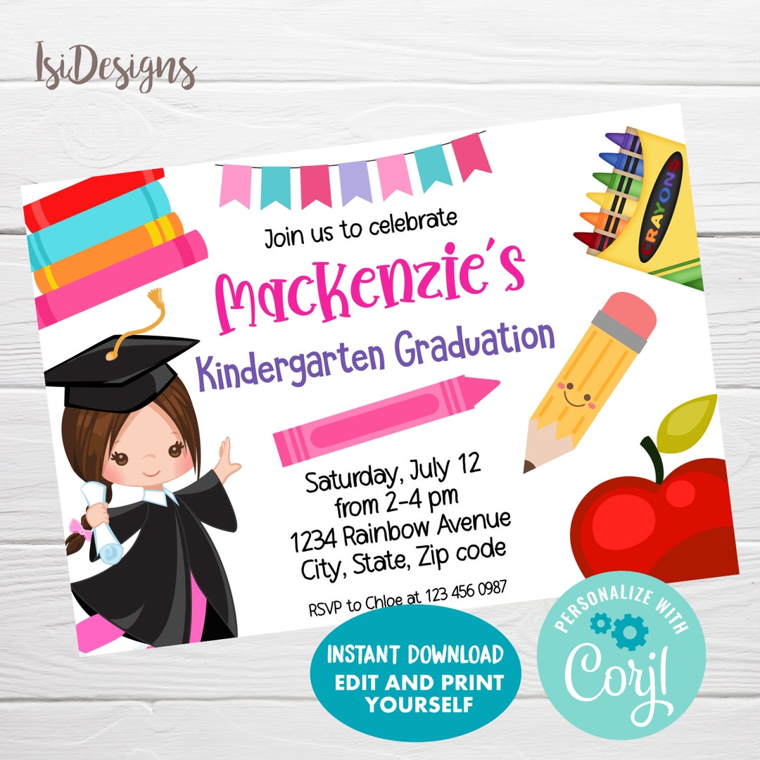 Editable Kindergarten Invitation, Instant Download, Girl Graduation ...