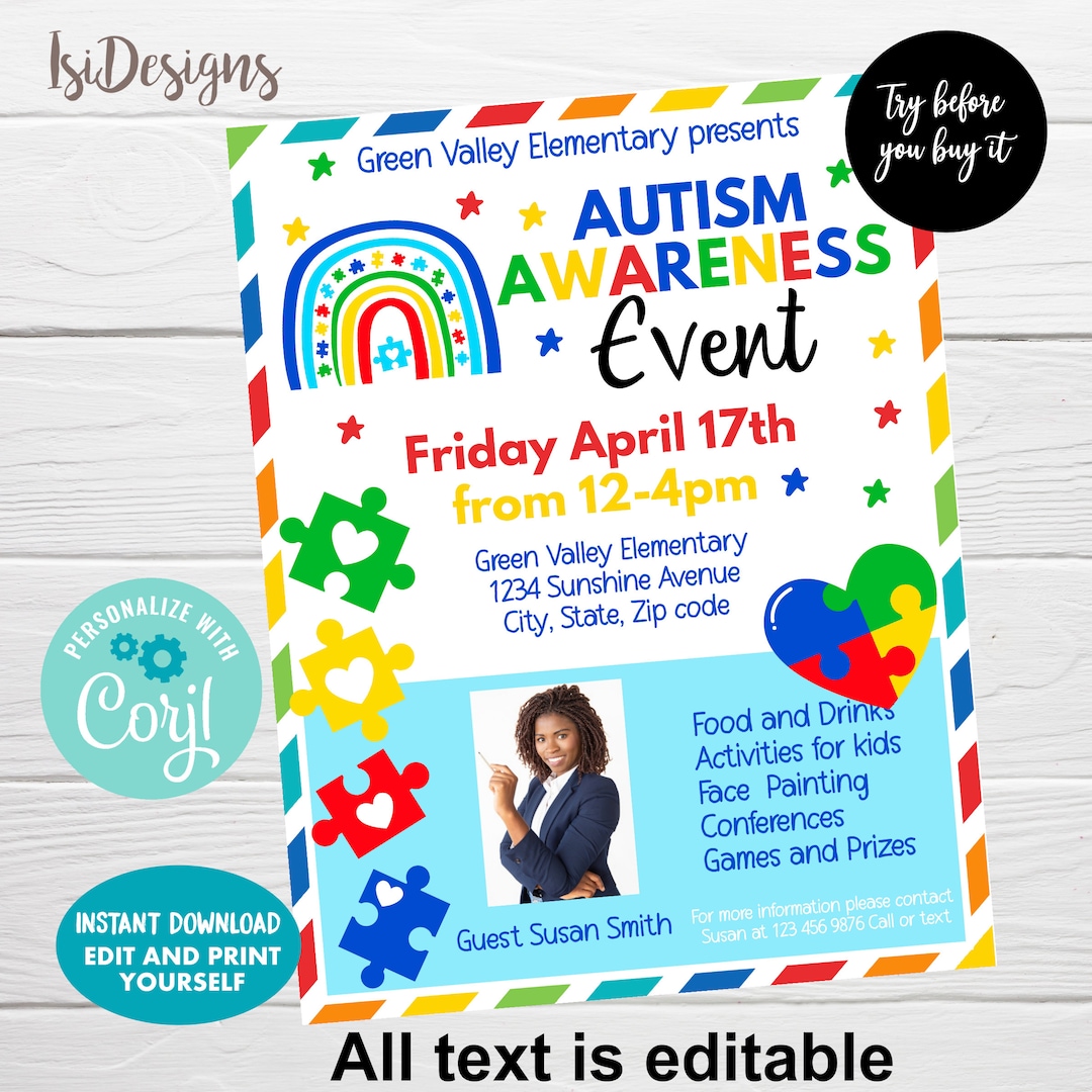 Autism Awareness Event Editable Flyer, Family Day Fundraiser Event ...