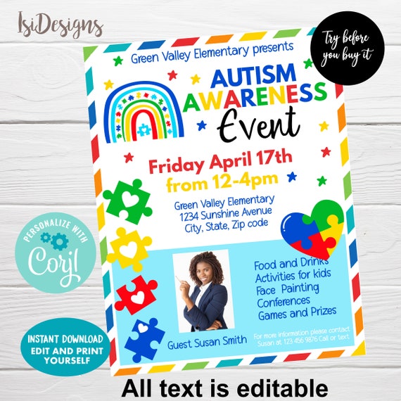 Autism Awareness Event Editable Flyer Family Day Fundraiser Event 