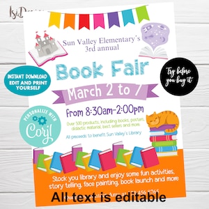 Book Fair Editable Flyer, School PTO/PTA Fundraiser Invitation, Book ...