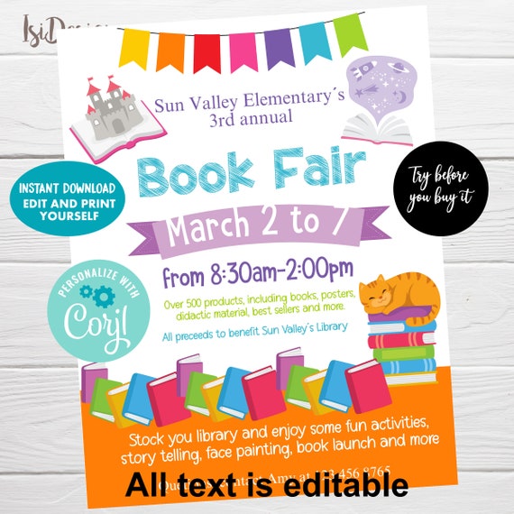 Book Fair Editable Flyer, School PTO/PTA Fundraiser Invitation, Book ...