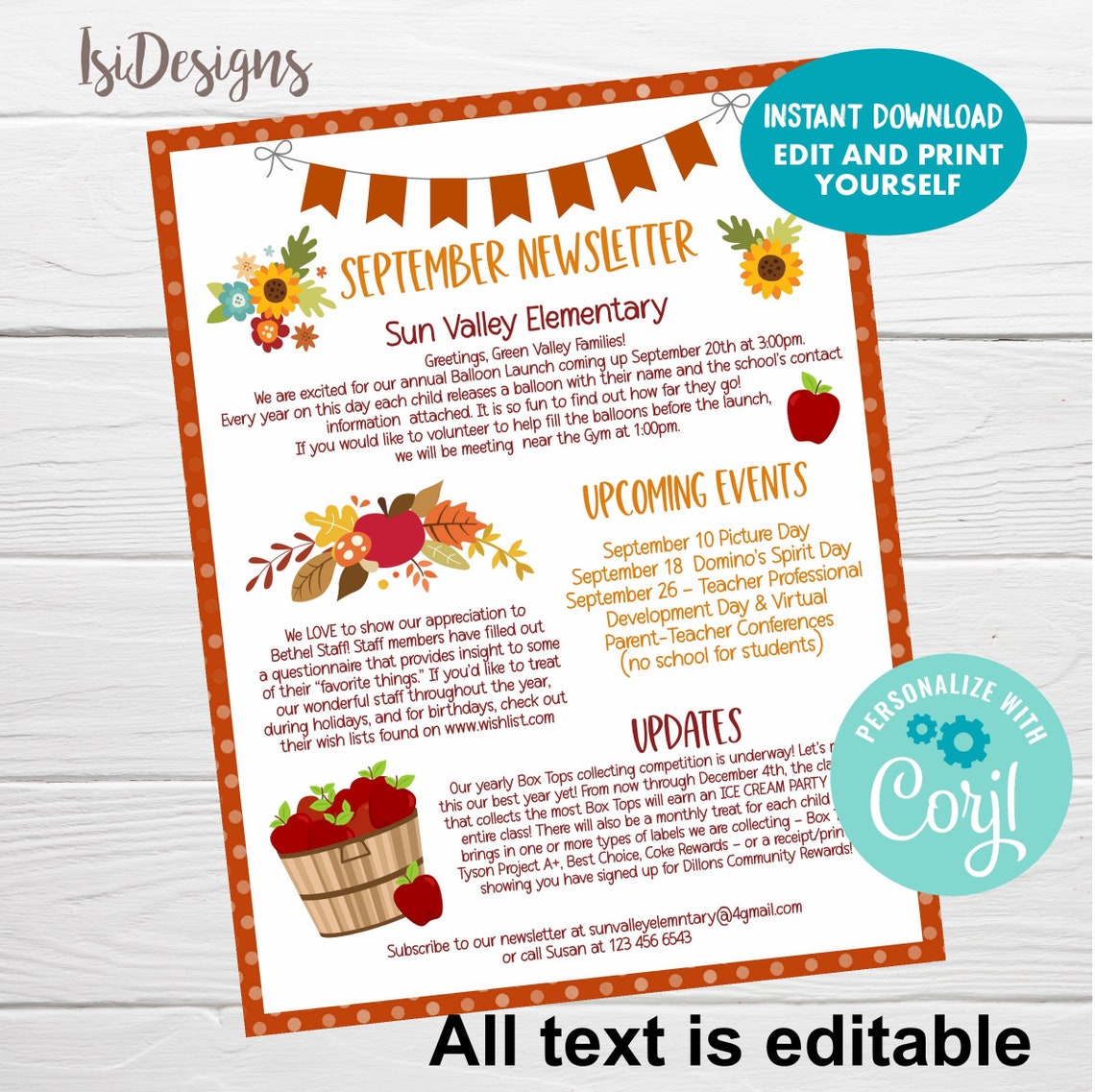 September PTO PTA Newsletter, School Events Editable Flyer, Monthly ...