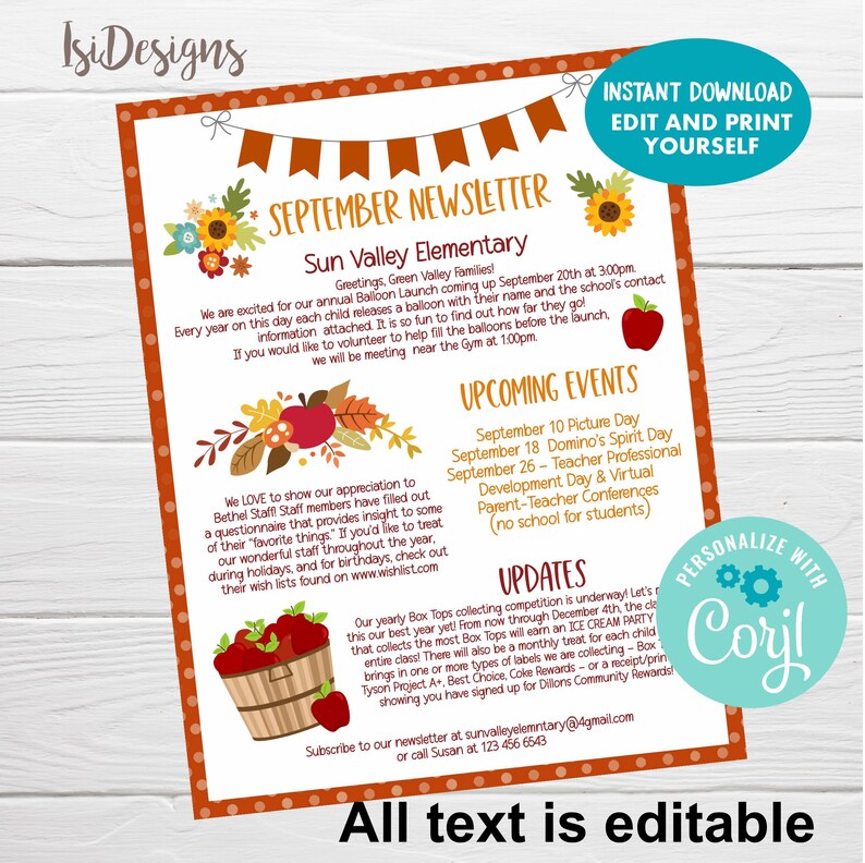 September PTO PTA Newsletter, School Events Editable Flyer, Monthly ...