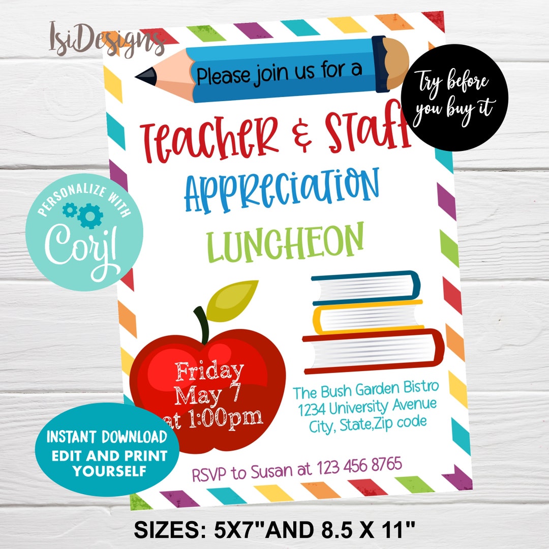 Luncheon Appreciation Editable Invitation, Instant Download, Teacher ...