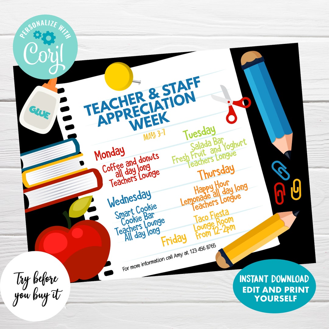 Teacher and Staff Appreciation Week Events Flyer, Instant Download ...
