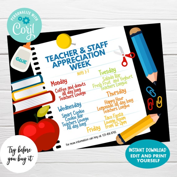 Teacher and Staff Appreciation Week Events Flyer, Instant Download ...