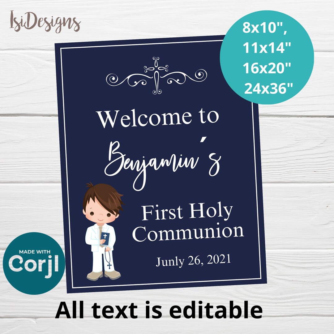 Boy's Communion Welcome Printable Sign, Navy First Holy Communion Party ...