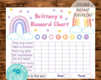 Printable Reward Chart for Kids Chore Chart for Girls Rainbow - Etsy