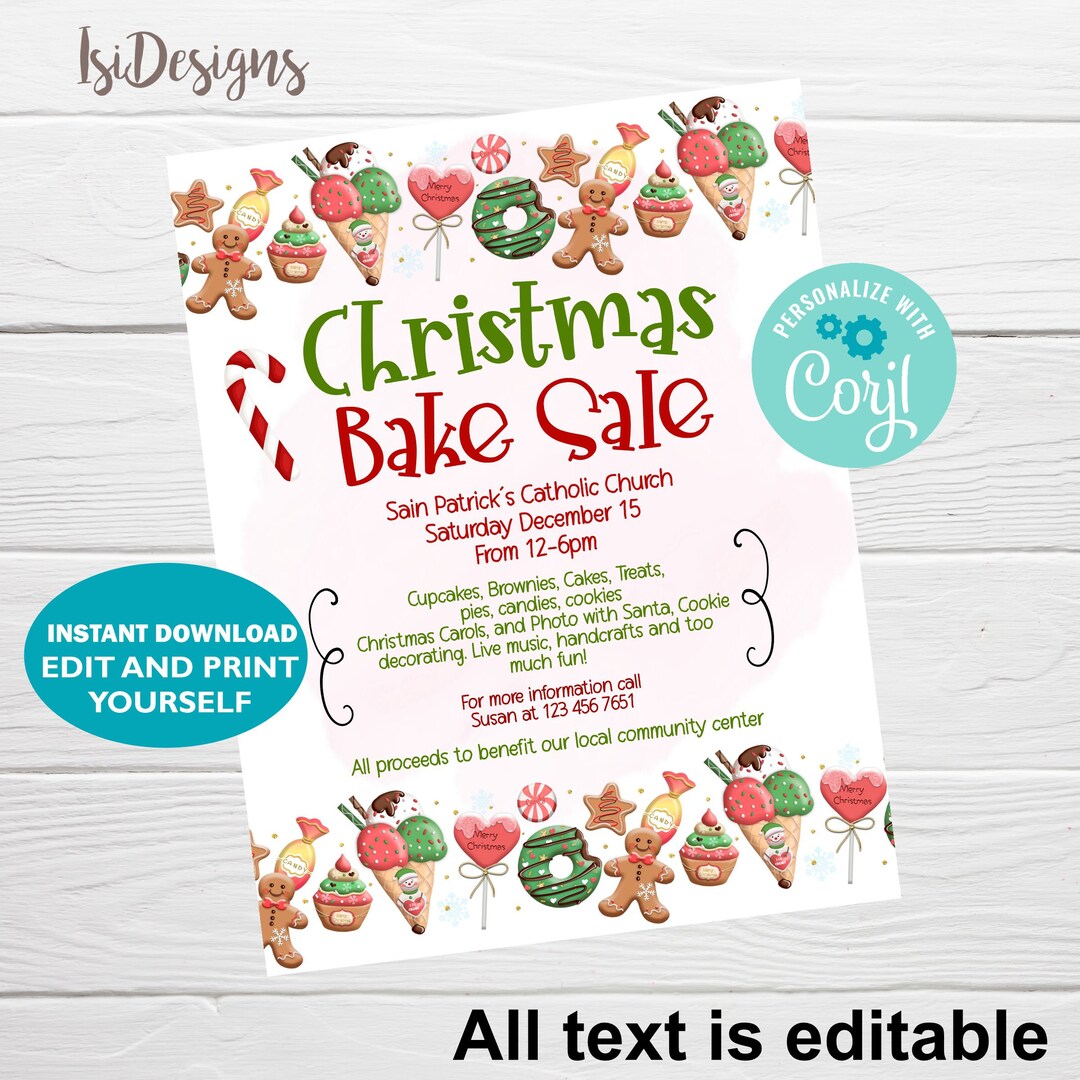 Christmas Bake Sale Flyer, Editable Holiday Fundraiser Flyer Template ...