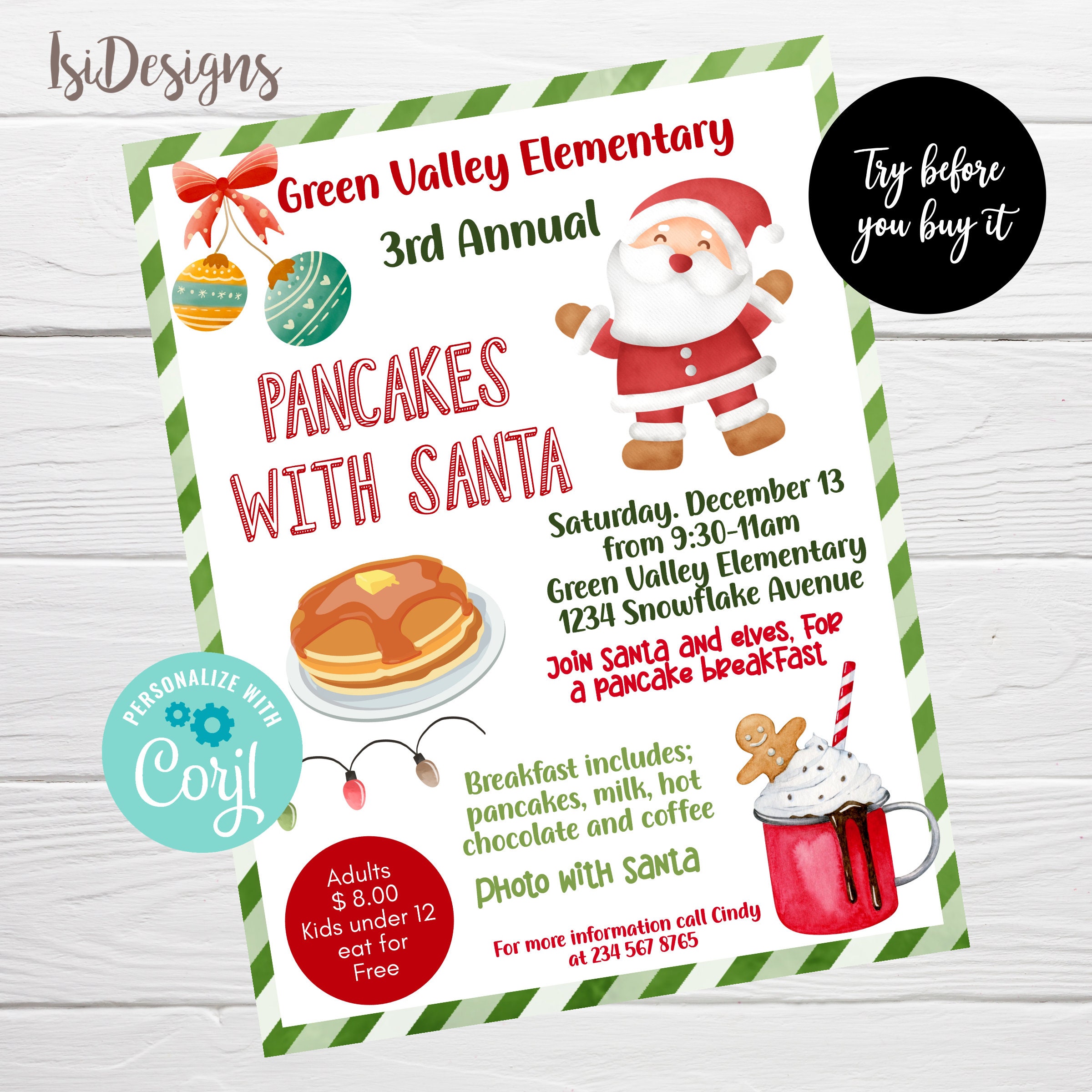 Breakfast With Santa Editable Flyer, Instant Download, Pancakes With ...