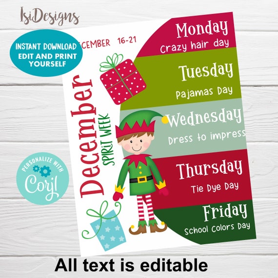 Christmas Spirit Week Editable Itinerary Schedule, December Daily ...