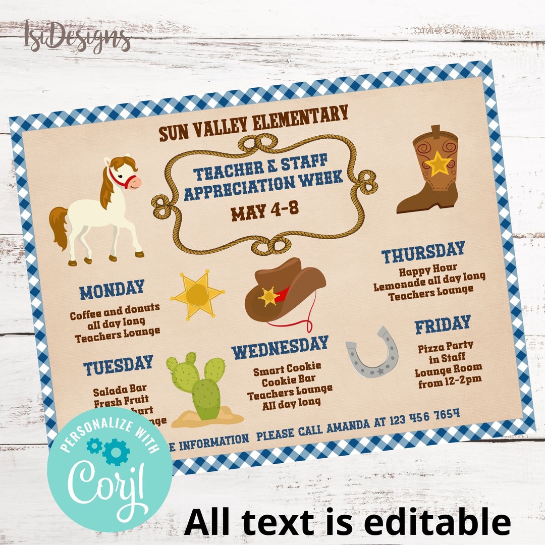 Wild West Teacher Appreciation Week, Editable Itinerary Flyer, Teachers ...