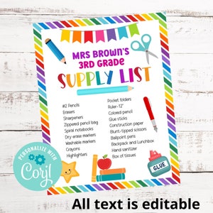 Classroom Supply List, Back to School Editable List, School Planner ...