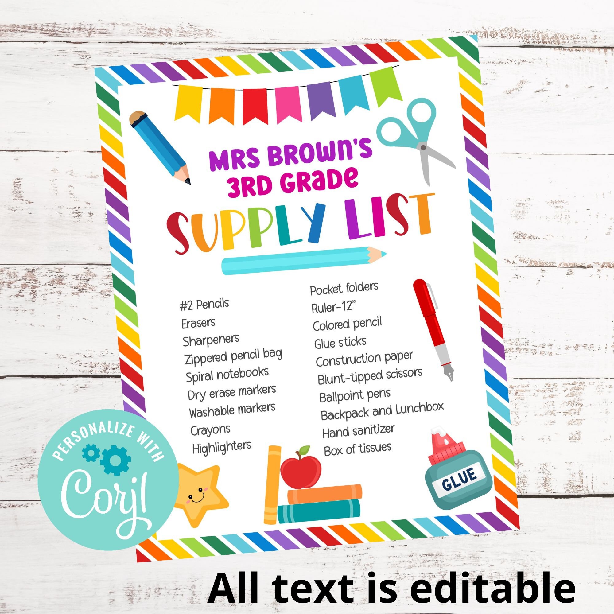 Classroom Supply List, Back to School Editable List, School Planner ...