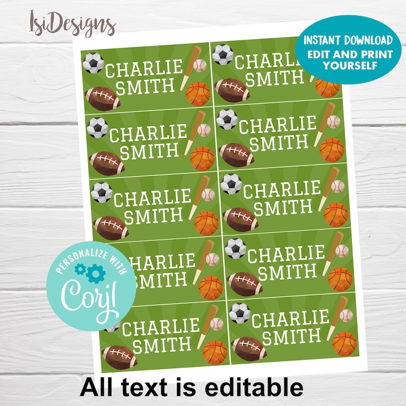 Editable School Supplies Name Labels, Instant Download, Sports Themed ...