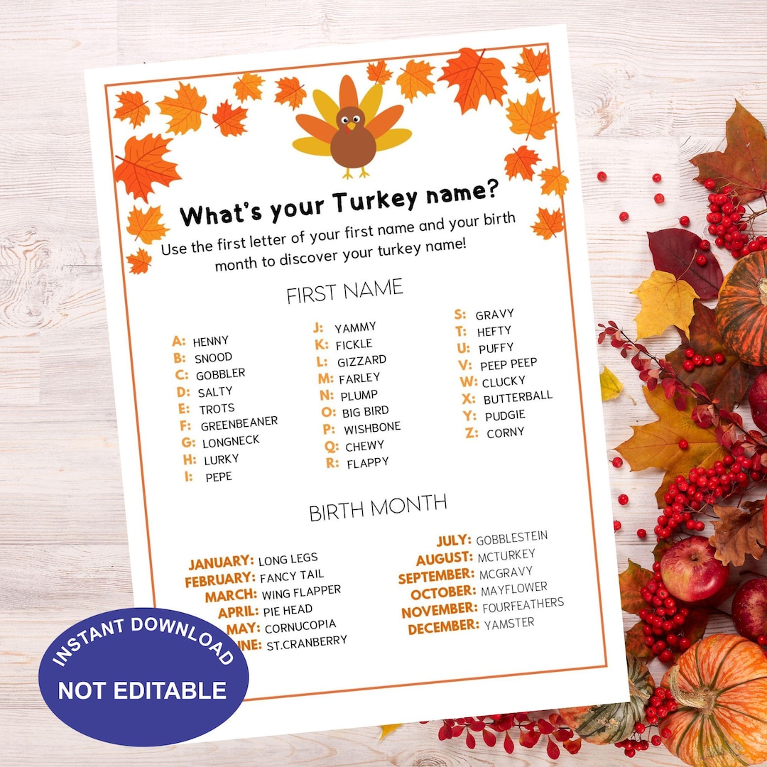 What's Your Turkey Name? | Funny Thanksgiving Name Game Printable ...