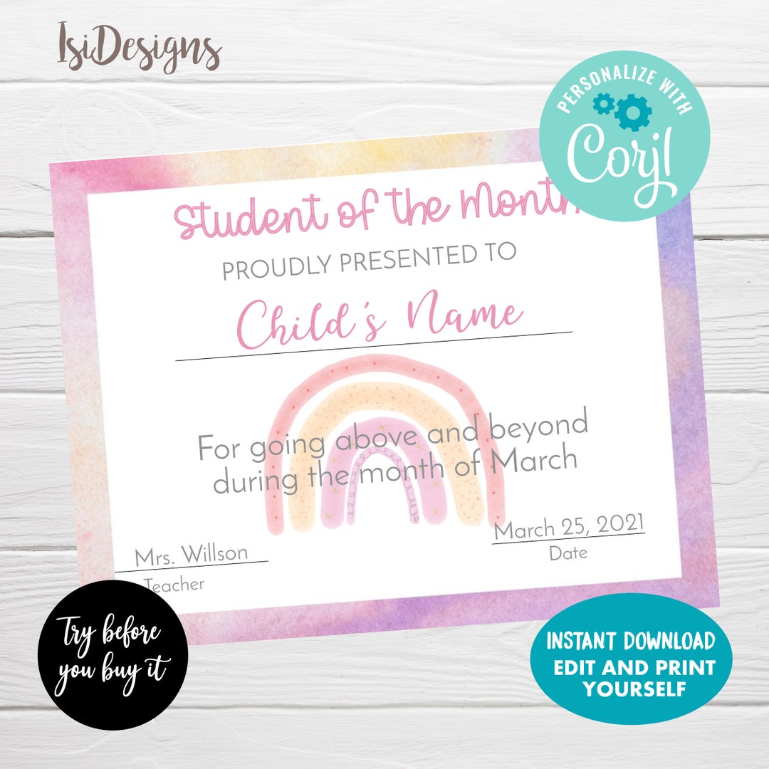 Editable Student of the Month Certificate, Watercolor Rainbow School ...
