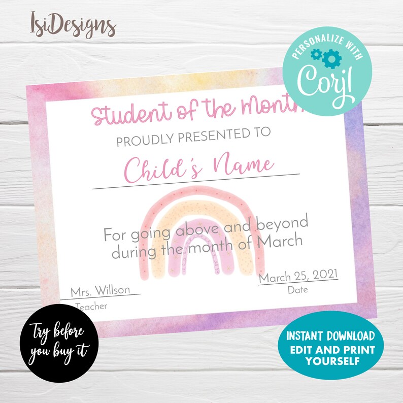 Editable Student of the Month Certificate Watercolor Rainbow - Etsy
