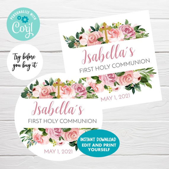 Floral communion gift tags, Instant Download, Editable Roses Favor Tags ...