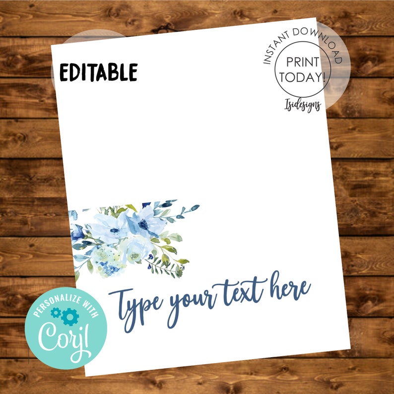 Editable Place Cards Blue Watercolor Floral Instant Download - Etsy