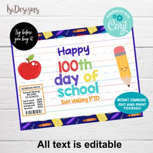 Happy 100th Day of School Chip Bag, Instant Download, PTO/PTA Editable ...
