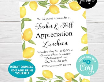 Teacher and Staff Appreciation Luncheon Invitation, Editable PTA School ...