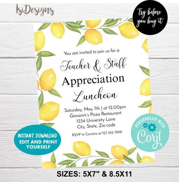 Teacher Staff Appreciation Luncheon Invitation Editable Lemon Themed 