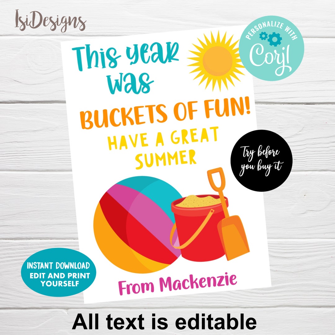 Bucket of Fun Gift Tag, End of School Year Teacher Gift, Instant ...