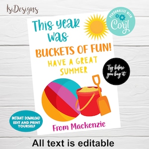 Bucket of Fun Gift Tag, End of School Year Teacher Gift, Instant ...