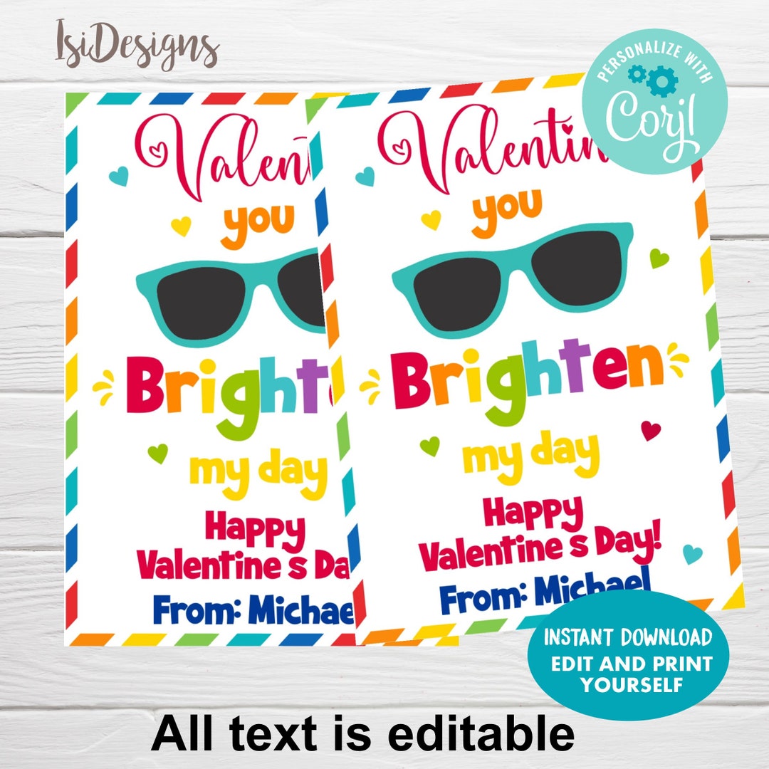 Valentine's Sunglasses Editable Gift Tags, You Brighten My Day ...