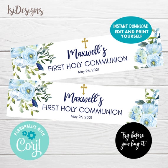 Communion water bottle label, editable watercolor blue floral favor ...